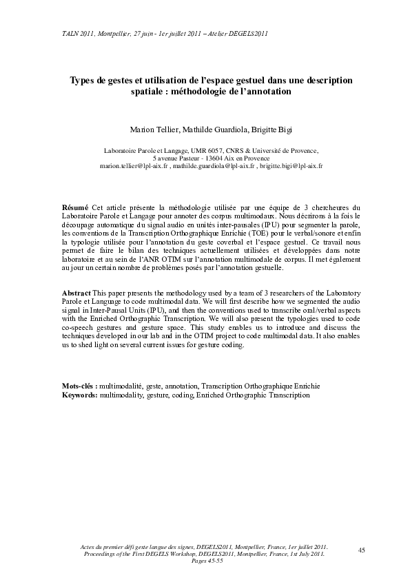 (PDF) Types de gestes et utilisation de l'espace gestuel dans une ...