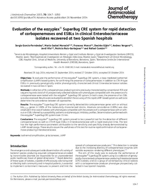 (PDF) Evaluation of the eazyplex® SuperBug CRE system for rapid detection of carbapenemases and ...
