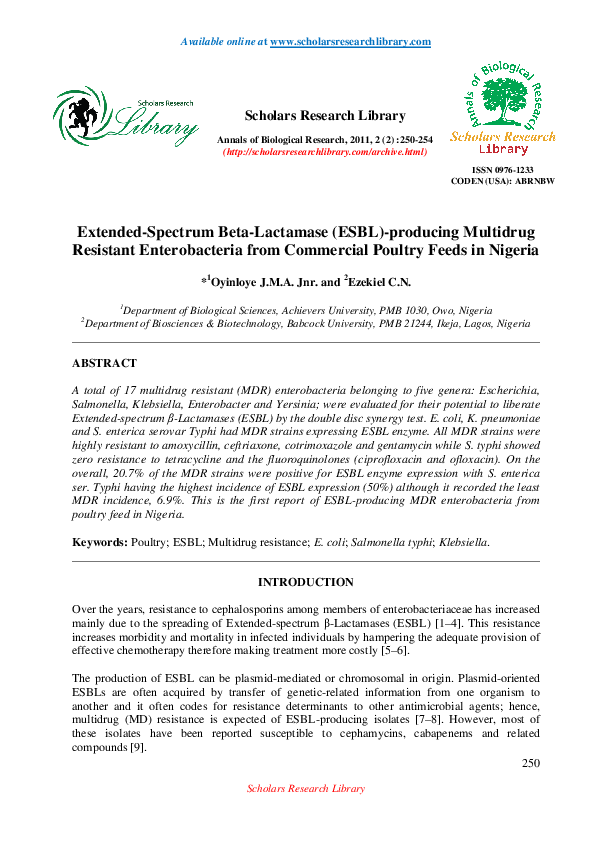 (PDF) Extended spectrum beta-lactamase (ESBL)-producing ...