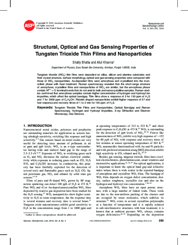 (PDF) Structural, Optical and Gas Sensing Properties of Tungsten ...