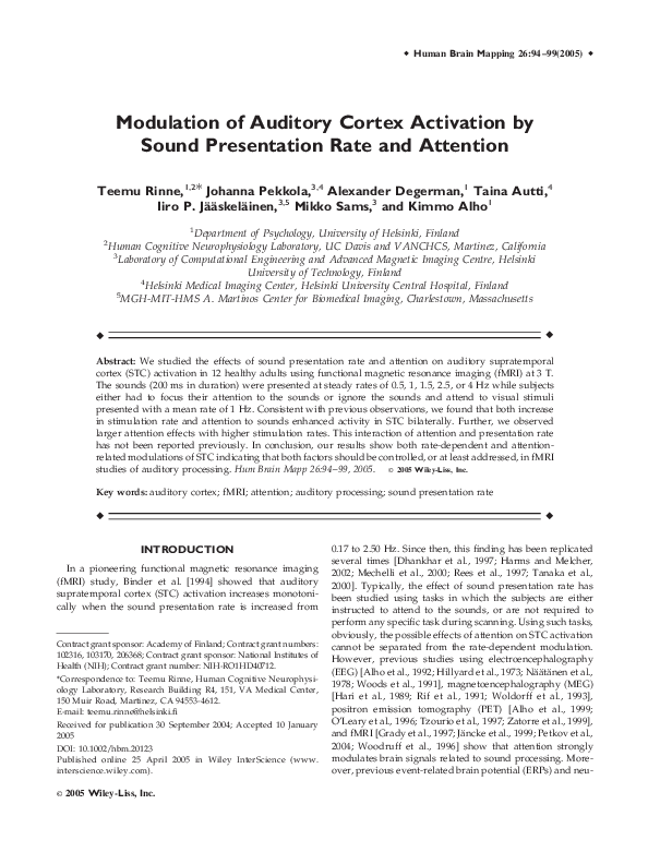 (PDF) Modulation of auditory cortex activation by sound presentation rate and attention