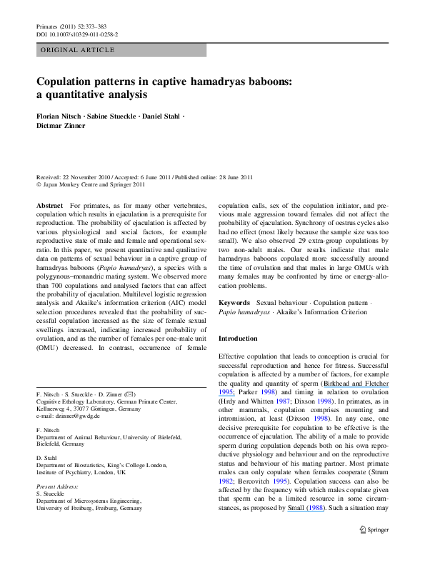 (PDF) Copulation patterns in captive hamadryas baboons: a quantitative ...