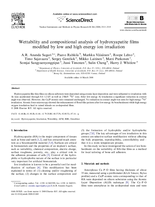 (PDF) Wettability and compositional analysis of hydroxyapatite films ...
