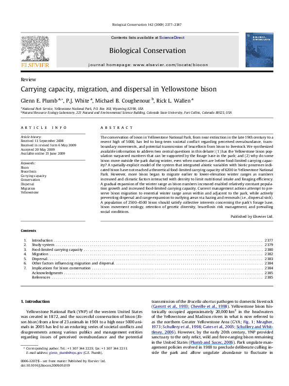 (PDF) Carrying capacity, migration, and dispersal in Yellowstone bison