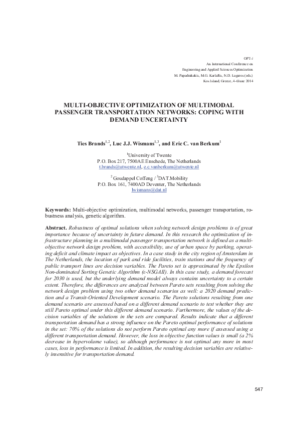 (PDF) Multi-Objective Optimization of Multimodal Passenger Transportation Networks: Coping with ...