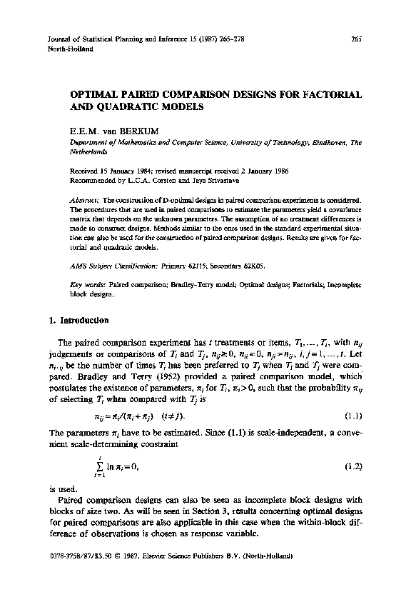 (PDF) Optimal paired comparison designs for factorial and quadratic models