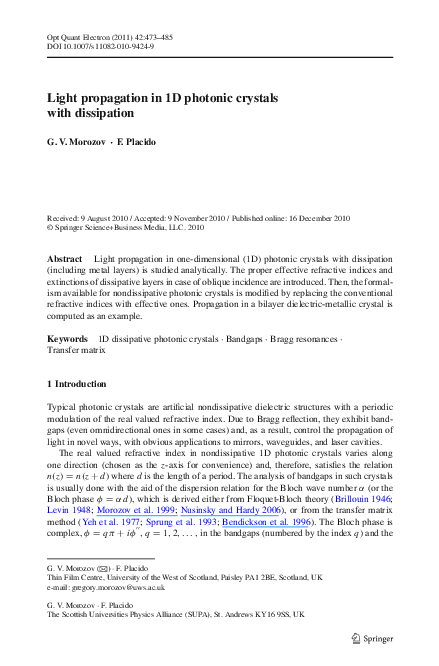 (PDF) Light propagation in 1D photonic crystals with dissipation