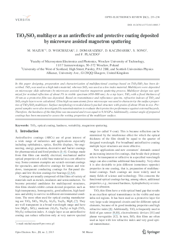 (PDF) TiO2/SiO2 multilayer as an antireflective and protective coating deposited by microwave ...