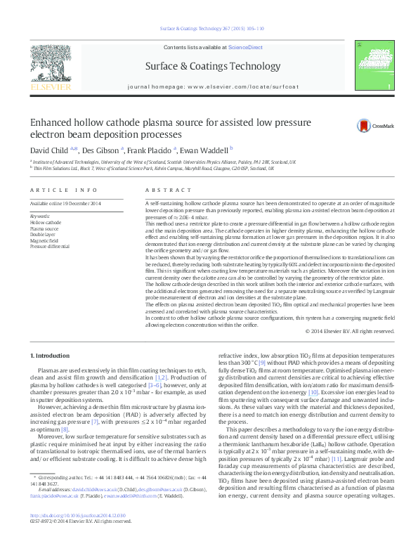 (PDF) Enhanced hollow cathode plasma source for assisted low pressure electron-beam deposition ...