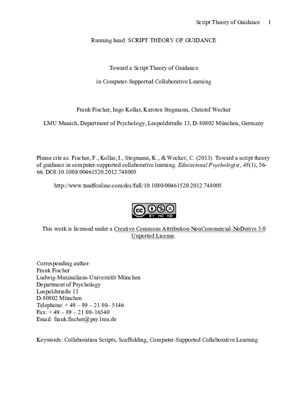 (PDF) Toward a Script Theory of Guidance in Computer-Supported Collaborative Learning