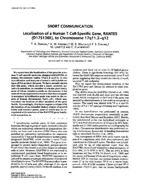 (PDF) Localization of a human T-cell-specific gene, RANTES (D17S136E ...