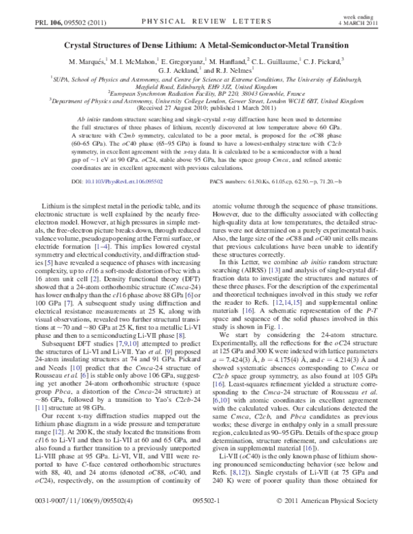 (PDF) Crystal Structures of Dense Lithium: A Metal-Semiconductor-Metal Transition