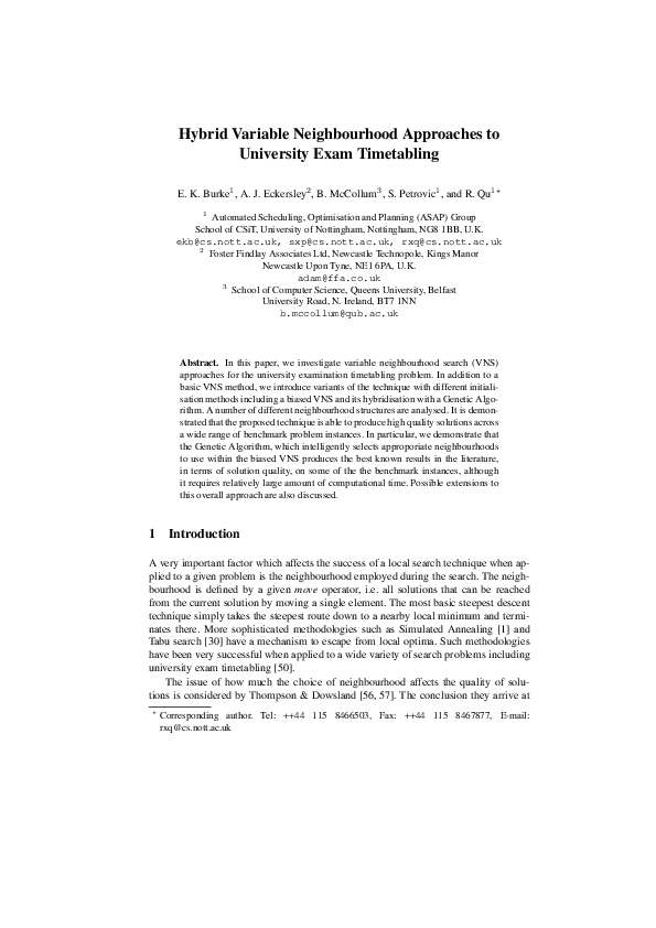 (PDF) Hybrid variable neighbourhood approaches to university exam timetabling