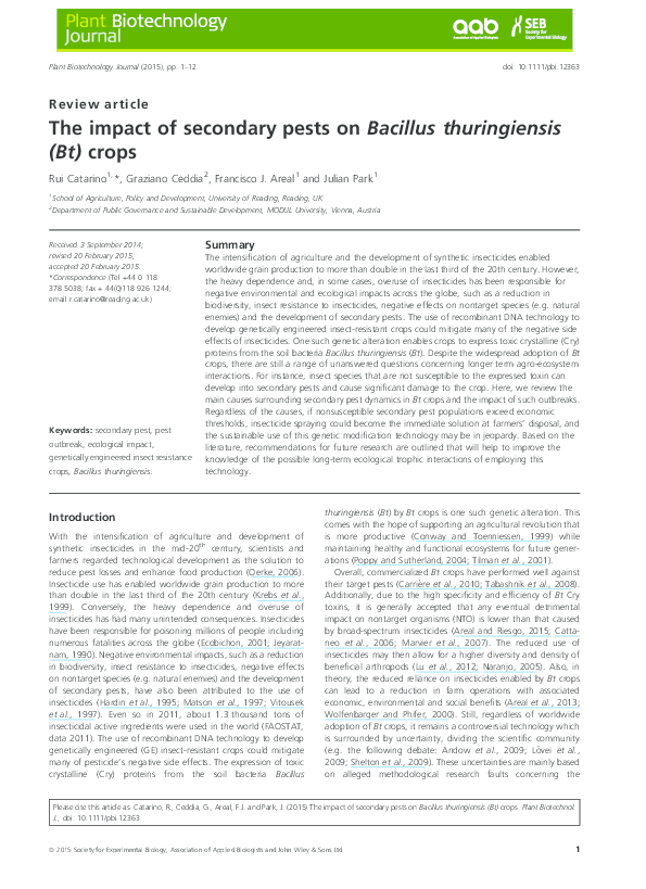 (PDF) The impact of secondary pests on Bacillus thuringiensis (Bt) crops