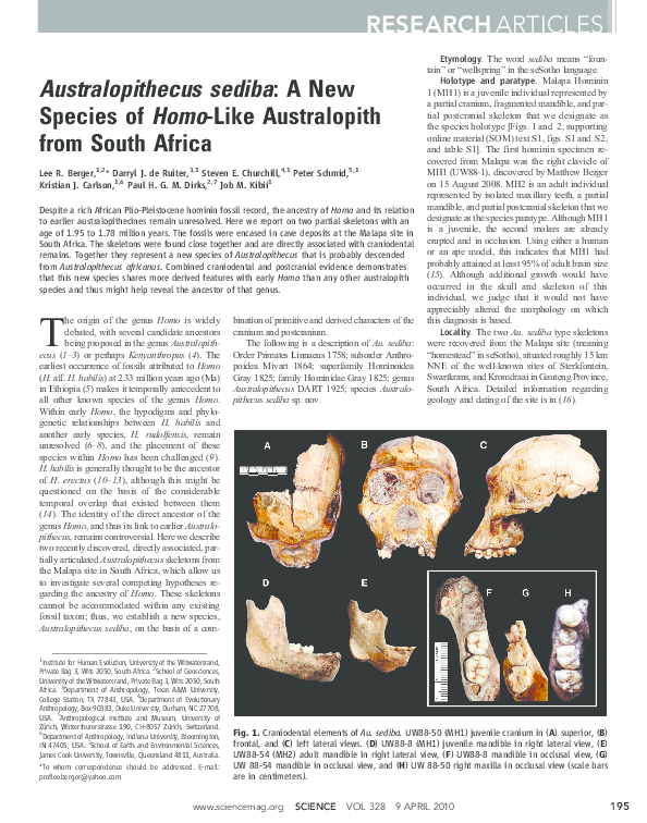 (PDF) Australopithecus sediba: A New Species of Homo-Like Australopith ...
