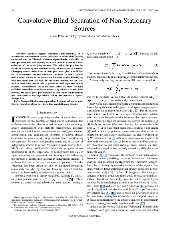 Pdf Convolutive Blind Separation Of Non Stationary Sources