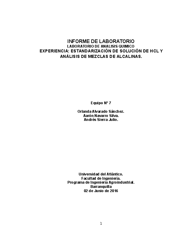 (DOC) INFORME DE LABORATORIO EXPERIENCIA: ESTANDARIZACIÓN DE SOLUCIÓN DE HCL Y ANÁLISIS DE ...
