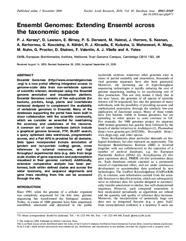 (PDF) Ensembl Genomes: Extending Ensembl across the taxonomic space