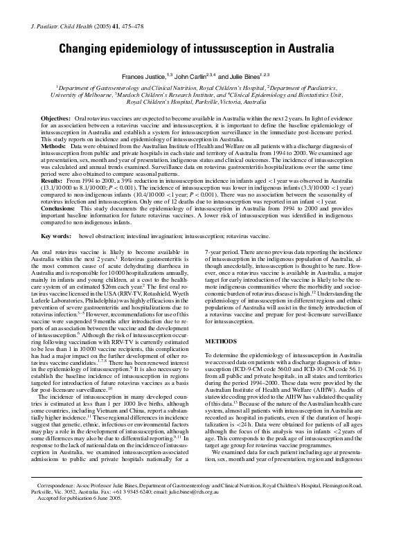 (PDF) Changing epidemiology of intussusception in Australia
