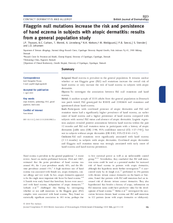 (PDF) Filaggrin null-mutations increase the risk and persistence of hand eczema in subjects with ...