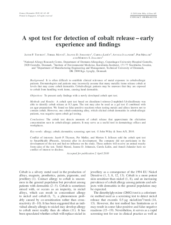 (PDF) A spot test for detection of cobalt release - early experience ...