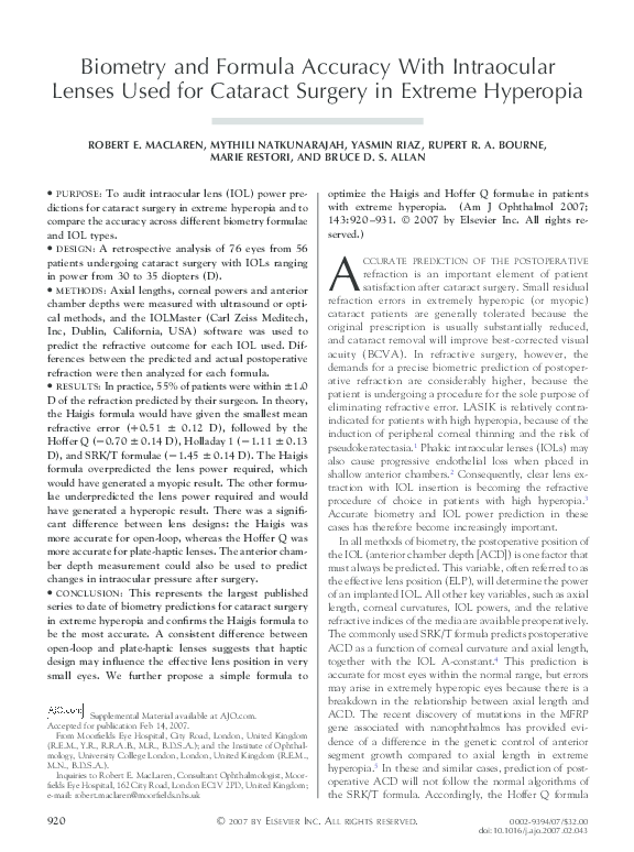 (PDF) Biometry and Formula Accuracy With Intraocular Lenses Used for ...