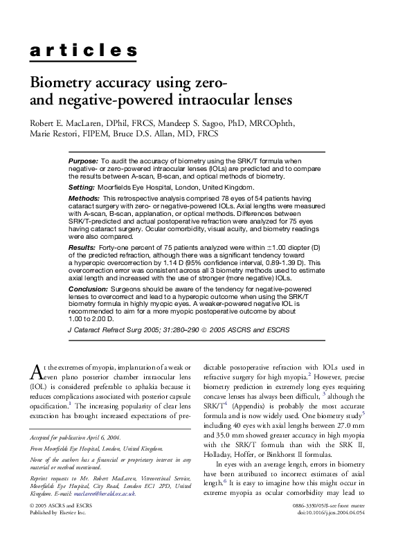(PDF) Biometry accuracy using zero- and negative-powered intraocular lenses