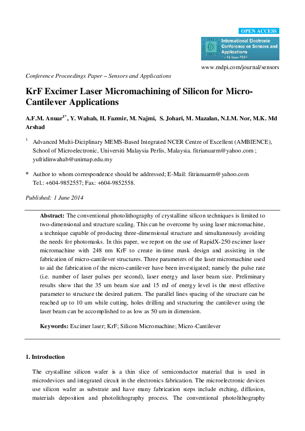 (PDF) KrF Excimer Laser Micromachining of Silicon for Micro-Cantilever Applications