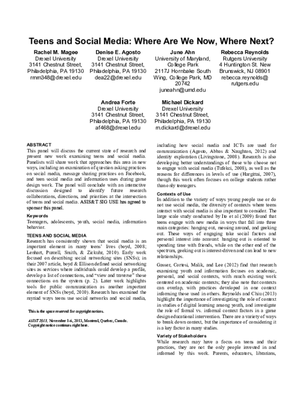 (PDF) Teens and Social Media: Where Are We Now, Where Next
