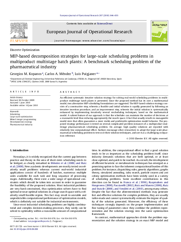 (PDF) MIP-based decomposition strategies for large-scale scheduling problems in multiproduct ...