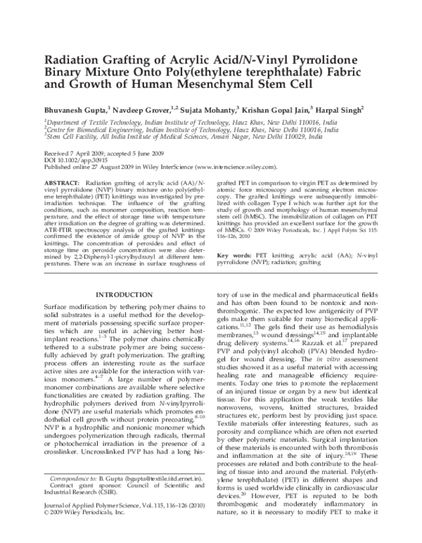 (PDF) Radiation grafting of acrylic acid/ N -vinyl pyrrolidone binary ...
