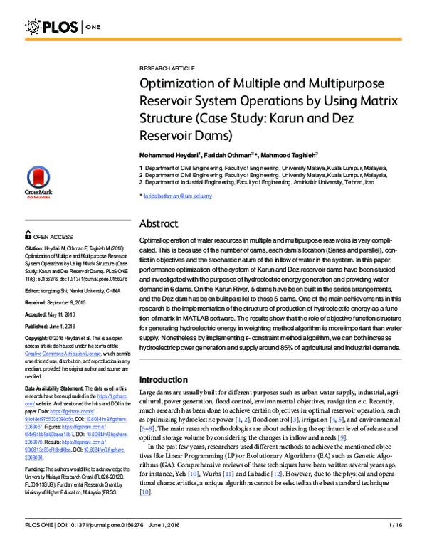 (PDF) Optimization of Multiple and Multipurpose Reservoir System ...