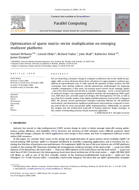 Pdf Optimization Of Sparse Matrix Vector Multiplication On Emerging Multicore Platforms
