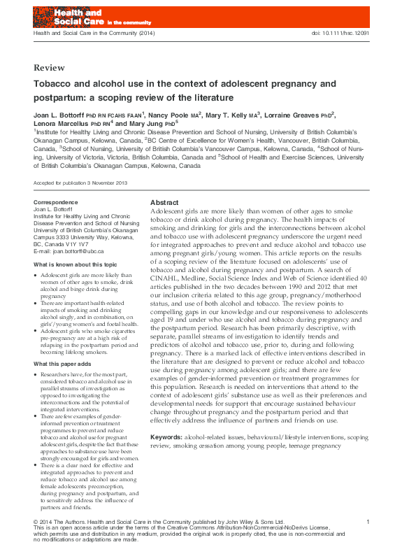 (PDF) Tobacco and alcohol use in the context of adolescent pregnancy and postpartum: A scoping ...