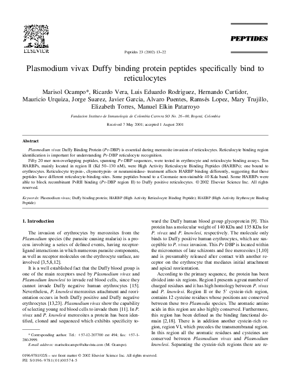 (PDF) Plasmodium vivax Duffy binding protein peptides specifically bind ...