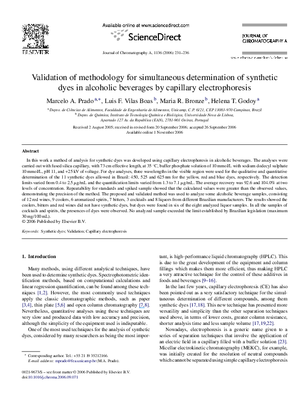 Pdf Validation Of Methodology For Simultaneous Determination Of Synthetic Dyes In Alcoholic