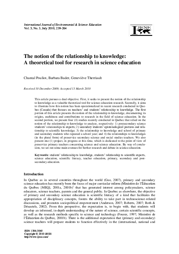 (PDF) The notion of the relationship to knowledge: A theoretical tool ...
