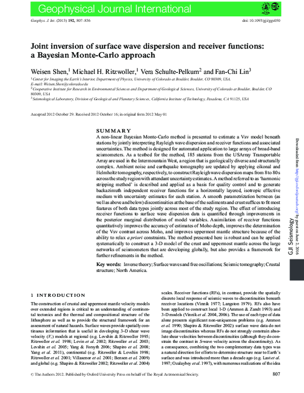 Pdf Joint Inversion Of Surface Wave Dispersion And Receiver Functions A Bayesian Monte Carlo