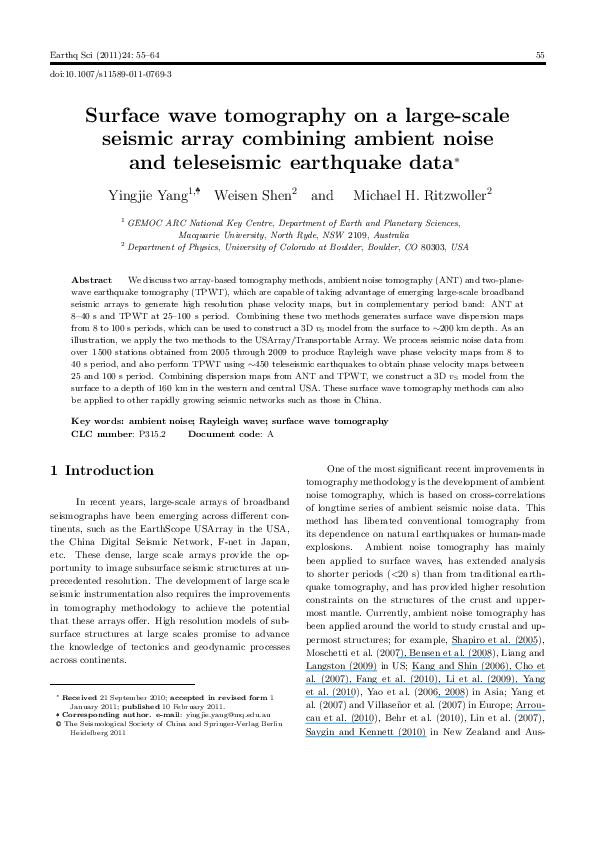 (PDF) Surface wave tomography on a large-scale seismic array combining ambient noise and ...