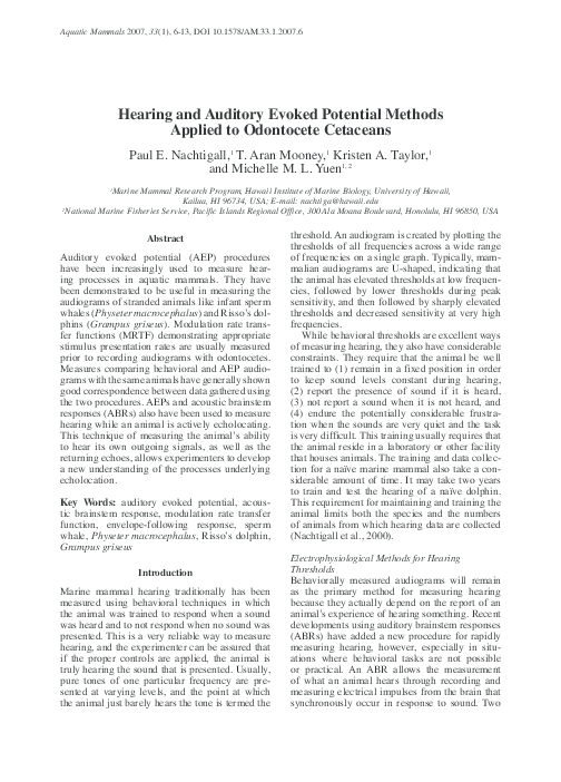 (PDF) Hearing and Auditory Evoked Potential Methods Applied to Odontocete Cetaceans
