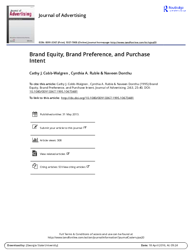 (PDF) Brand Equity, Brand Preference, and Purchase Intent