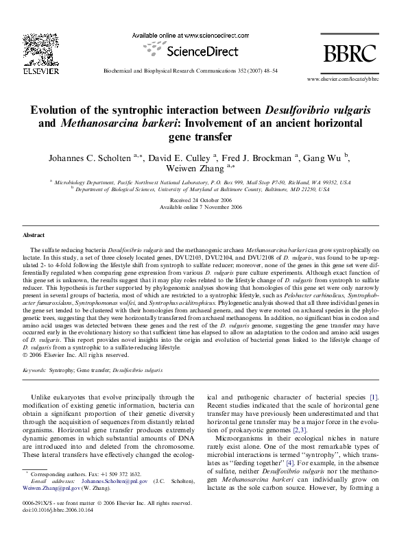 (PDF) Evolution of the syntrophic interaction between Desulfovibrio ...