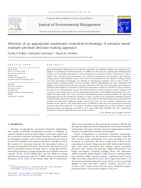 (PDF) Selection of an appropriate wastewater treatment technology: A scenario-based multiple ...