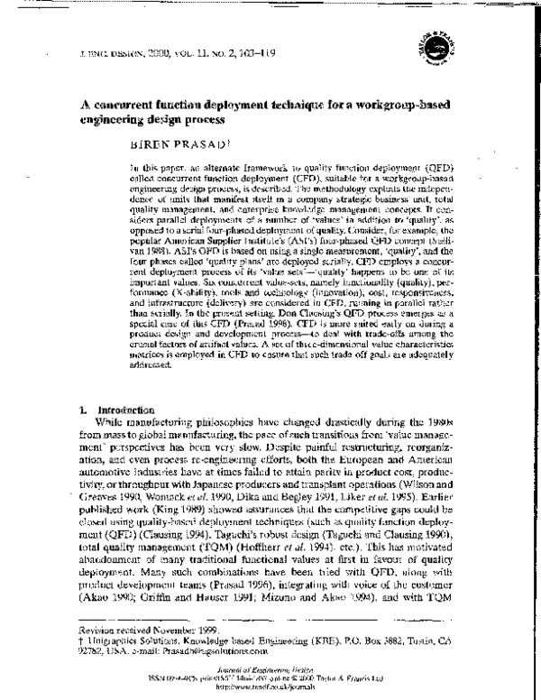 Pdf A Concurrent Function Deployment Technique For A Workgroup Based Engineering Design Process