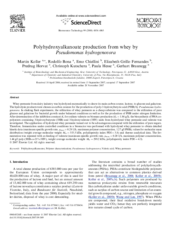 (PDF) Polyhydroxyalkanoate production from whey by Pseudomonas hydrogenovora