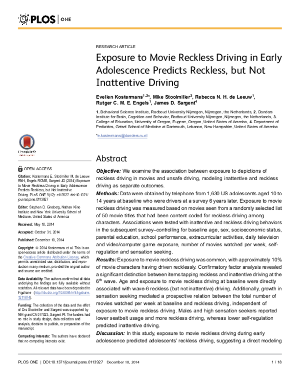 (PDF) Exposure to Movie Reckless Driving in Early Adolescence Predicts ...