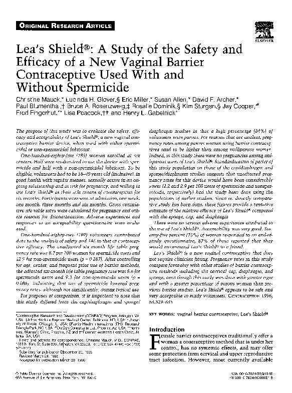 (PDF) Lea's Shield®: A study of the safety and efficacy of a new vaginal barrier contraceptive ...