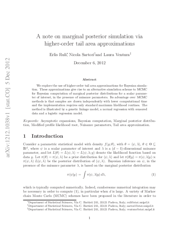 (PDF) A note on marginal posterior simulation via higher-order tail area approximations | Laura ...