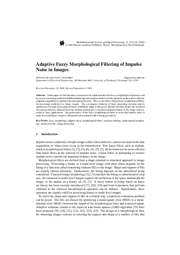 (PDF) Adaptive Fuzzy Morphological Filtering of Impulse Noise in Images