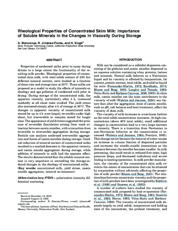 (PDF) Rheological Properties of Concentrated Skim Milk: Influence of ...